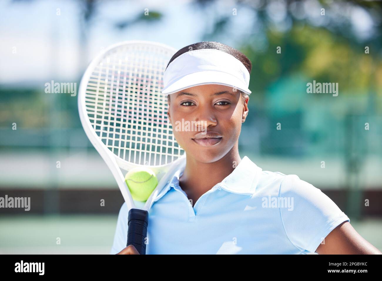 Tennis, face portrait and serious black woman on court ready for match ...