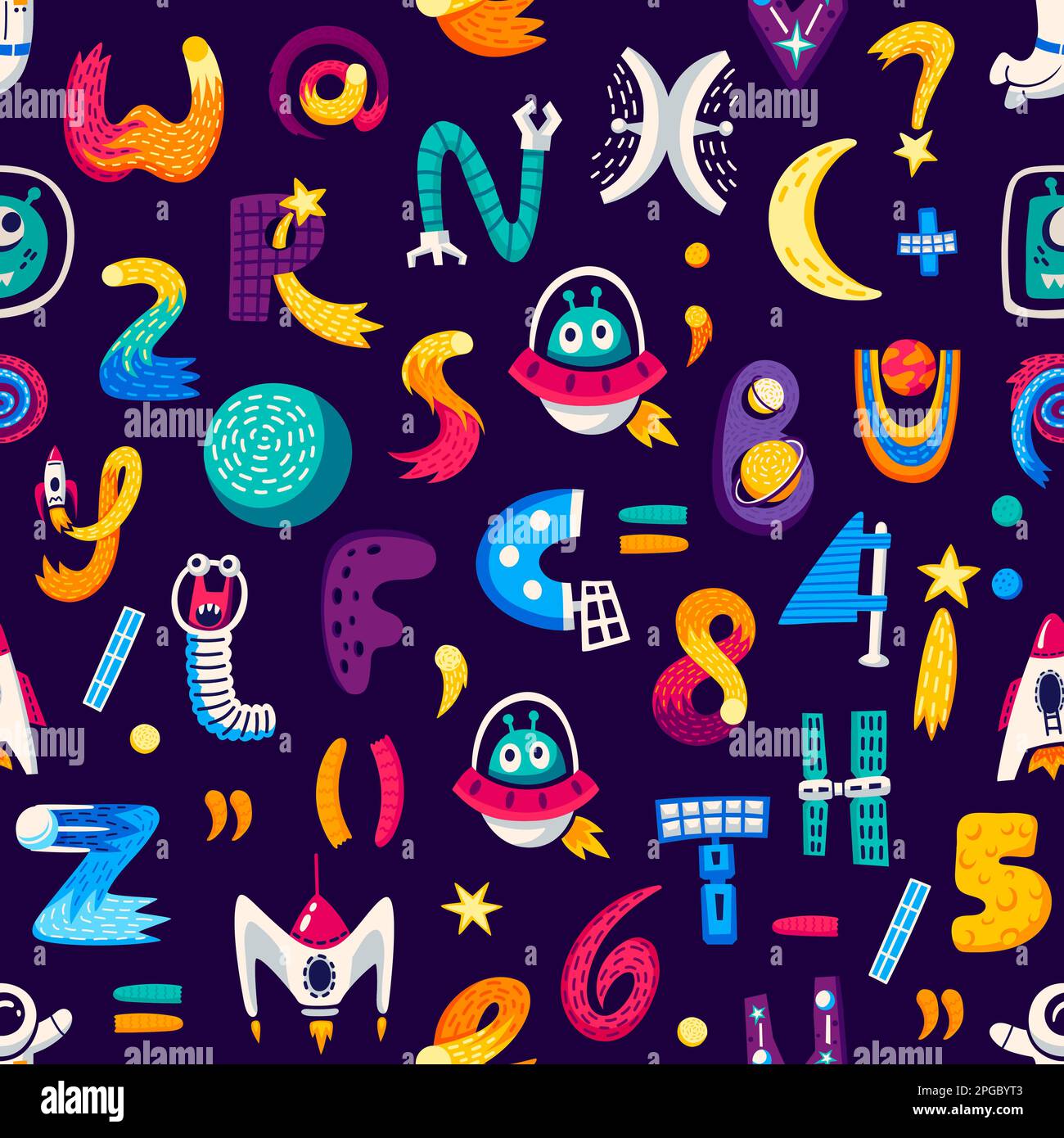 Kids space cartoon letters and numbers seamless pattern. Vector ...