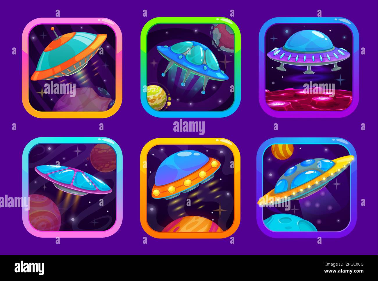 Cartoon space game app icons with UFO spaceships, mobile application ...