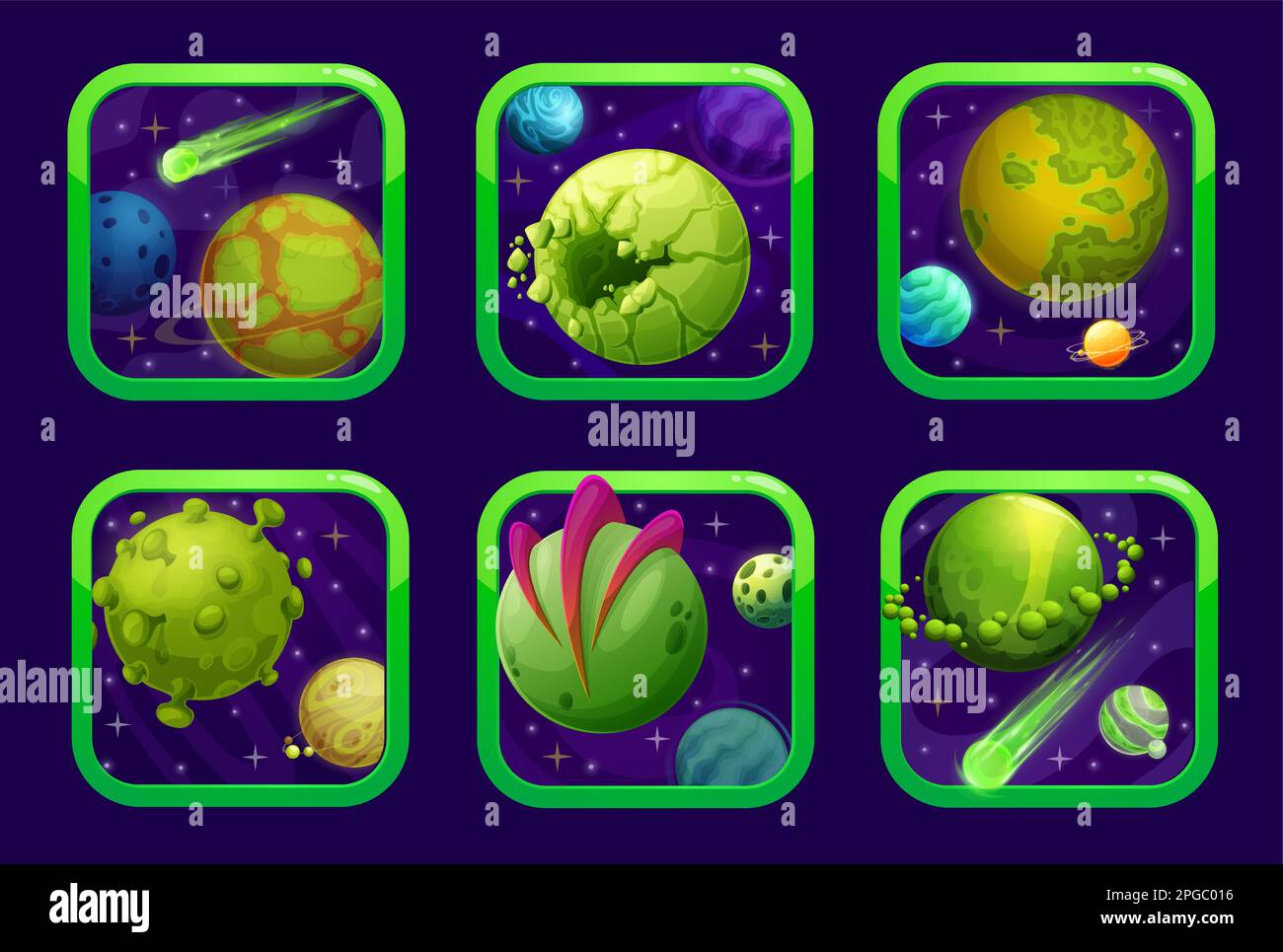 Cartoon space game, app icons with green planets. Vector set ui or gui ...