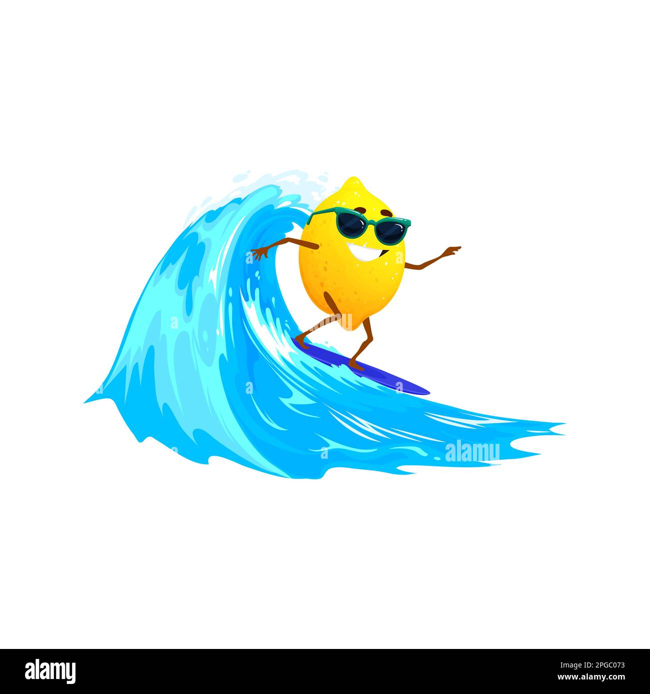 Cartoon surfer lemon character riding large wave. Vector yellow citrus ...