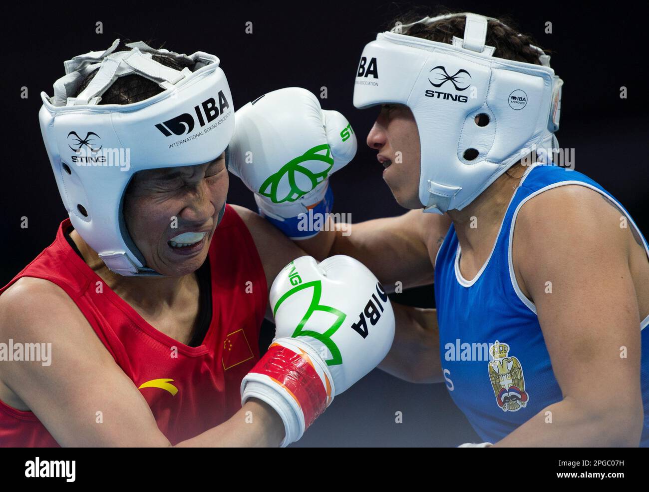 New Delhi, India. 21st Mar, 2023. Yang Liu (L) of China competes with ...