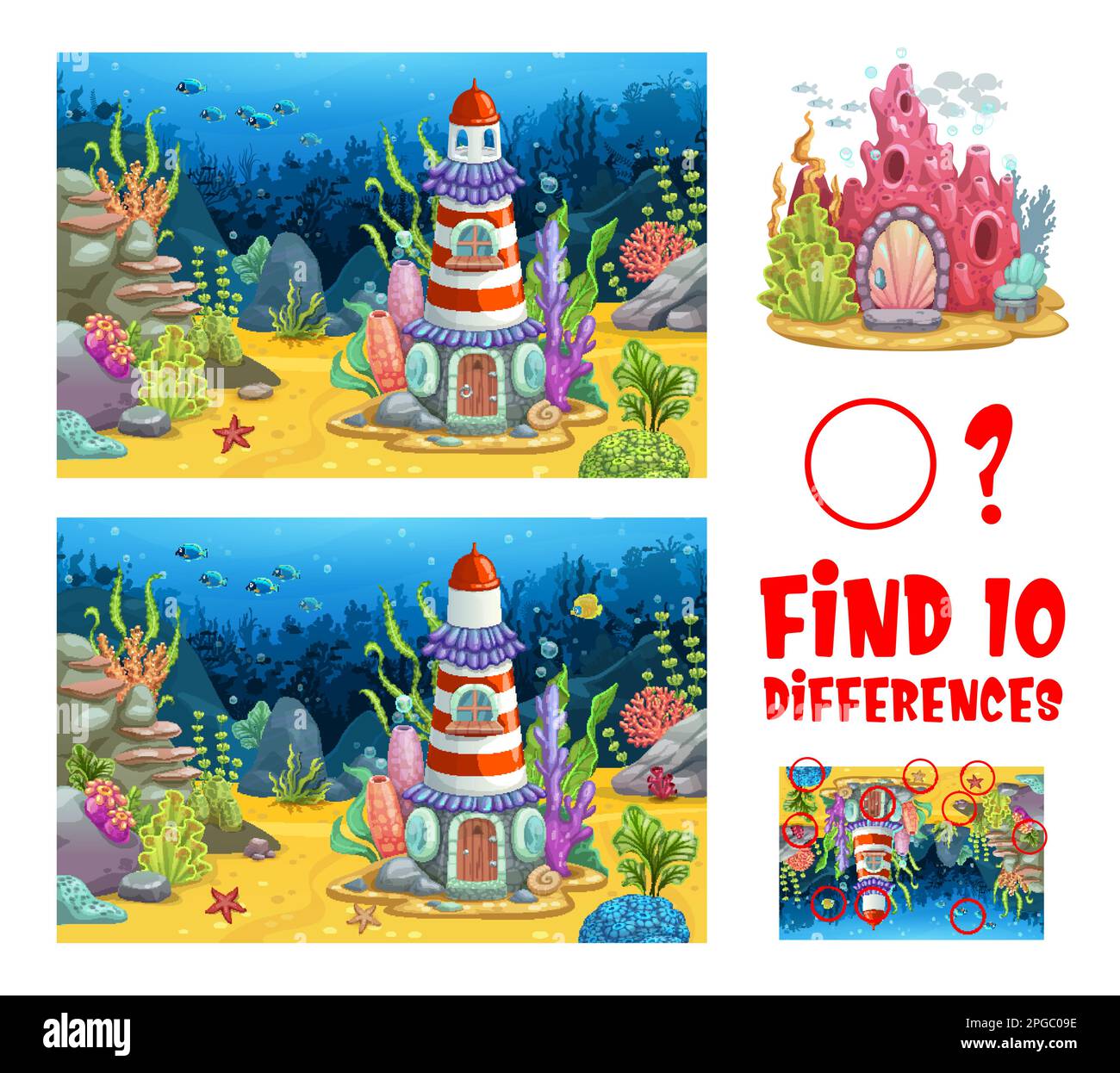 Find ten differences on underwater sunken lighthouse. Kids vector game worksheet with cartoon ...