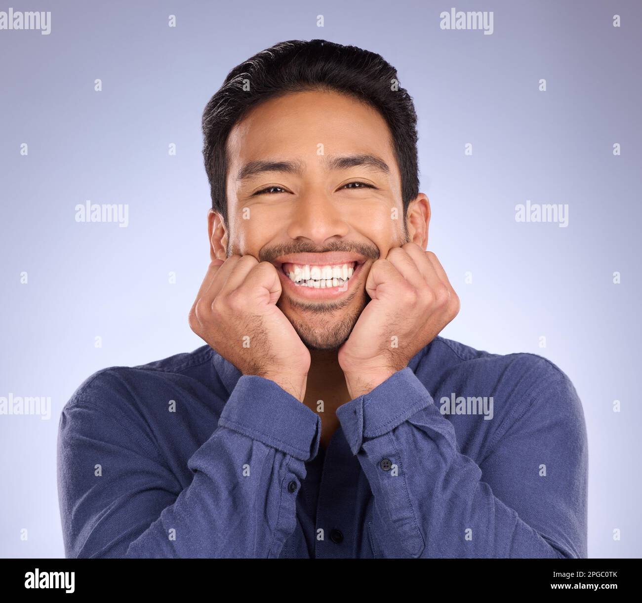 Portrait, excited and Asian man with success, smile and guy with news ...