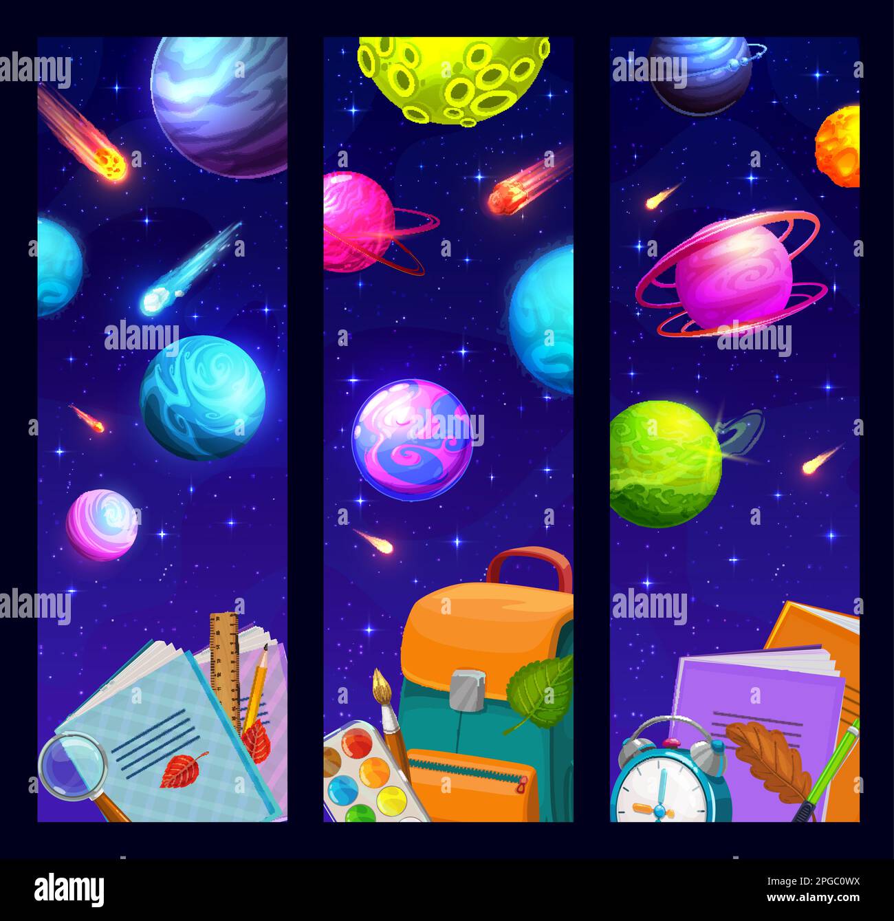School banners with space landscape, planets and comets, vector ...
