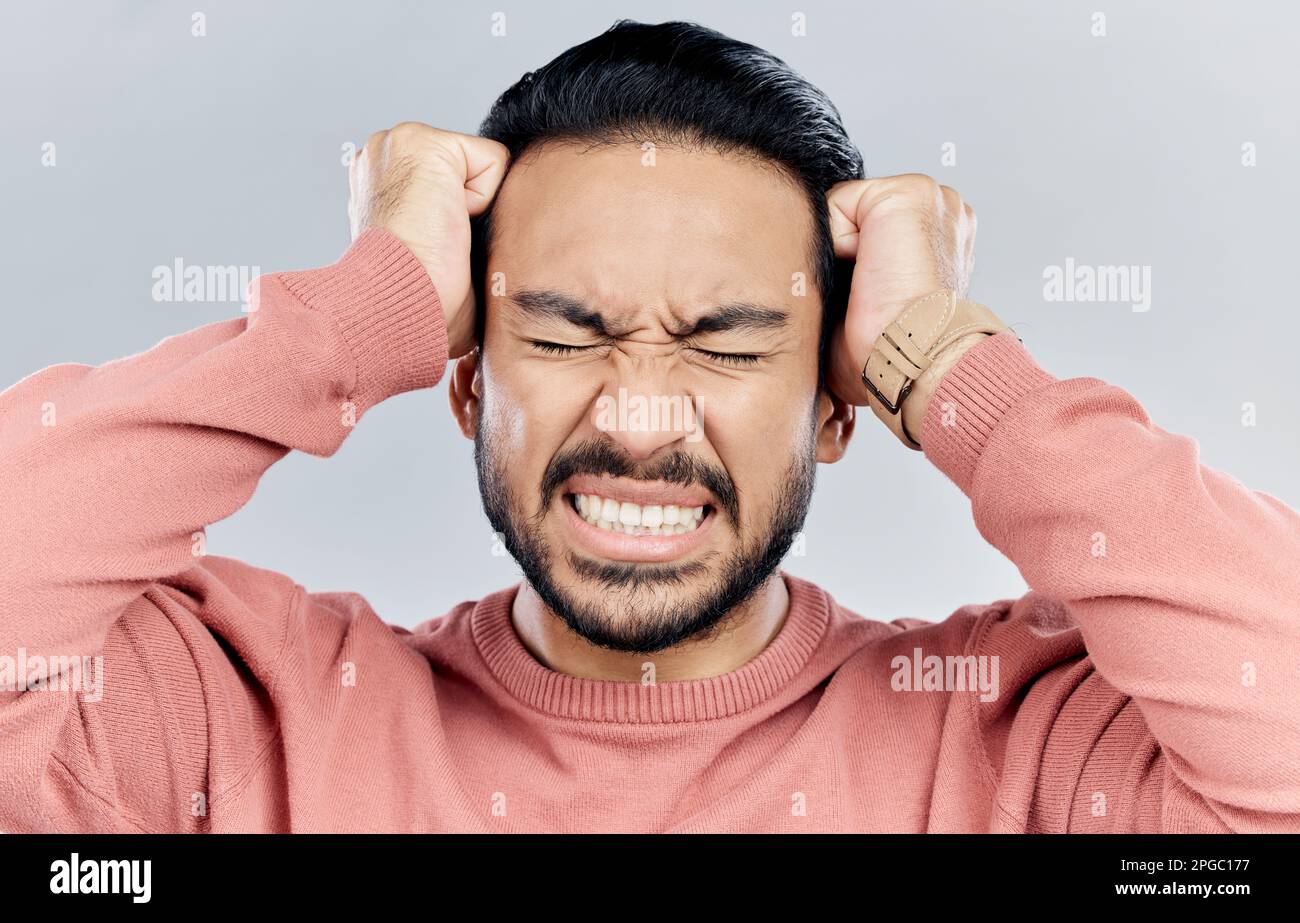 Man, face and frustrated with stress headache, anxiety and mental ...