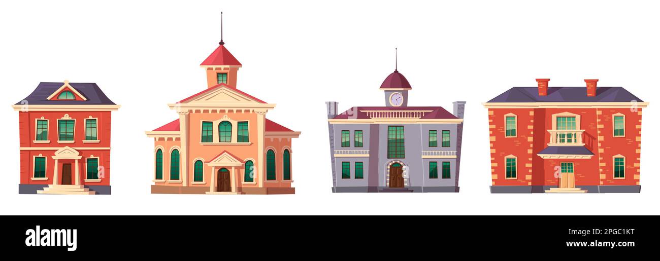 Urban retro colonial style building cartoon vector set illustration ...