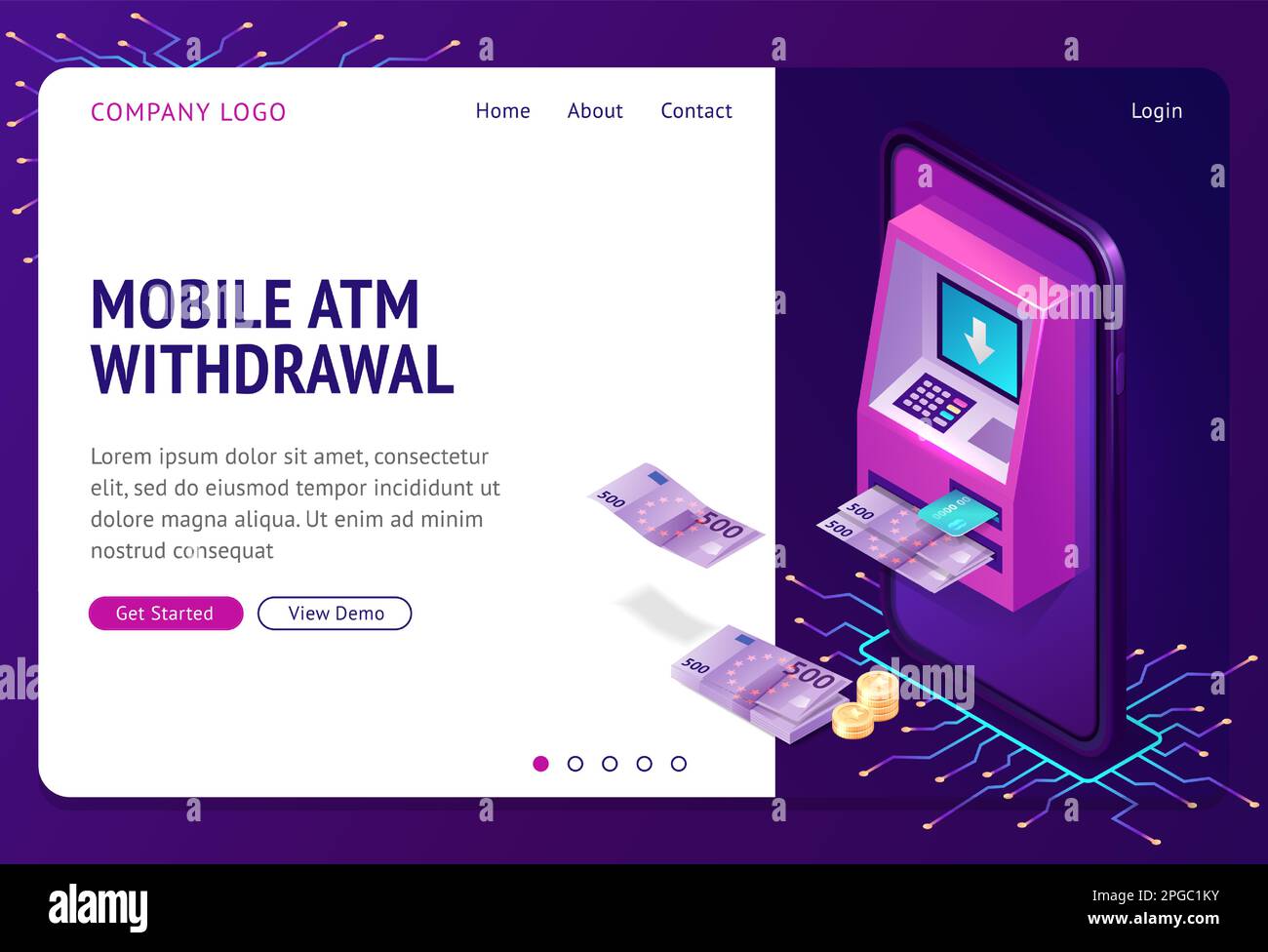 Mobile atm withdrawal isometric concept vector banner. Banking ...