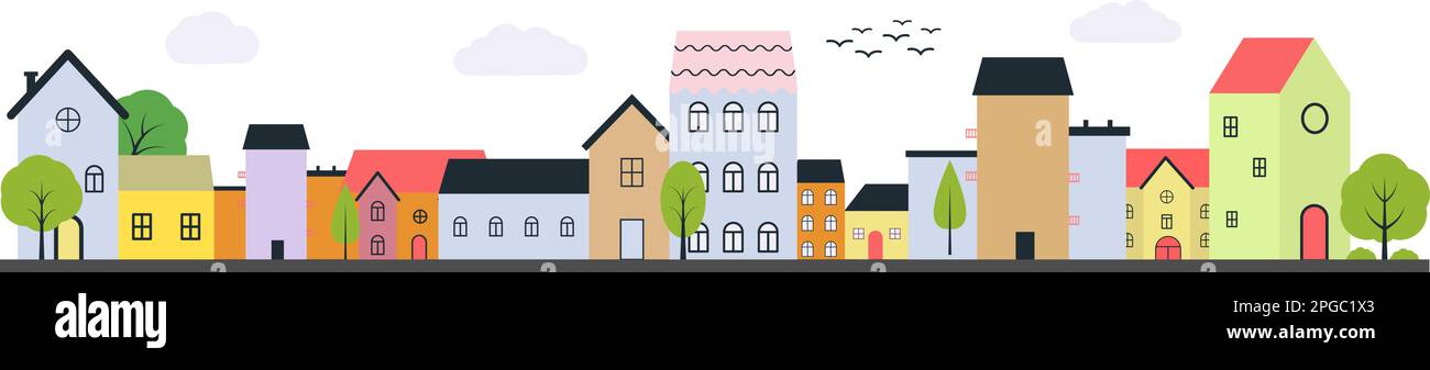 Vector many houses of different colors and trees around eps 10. Vector ...