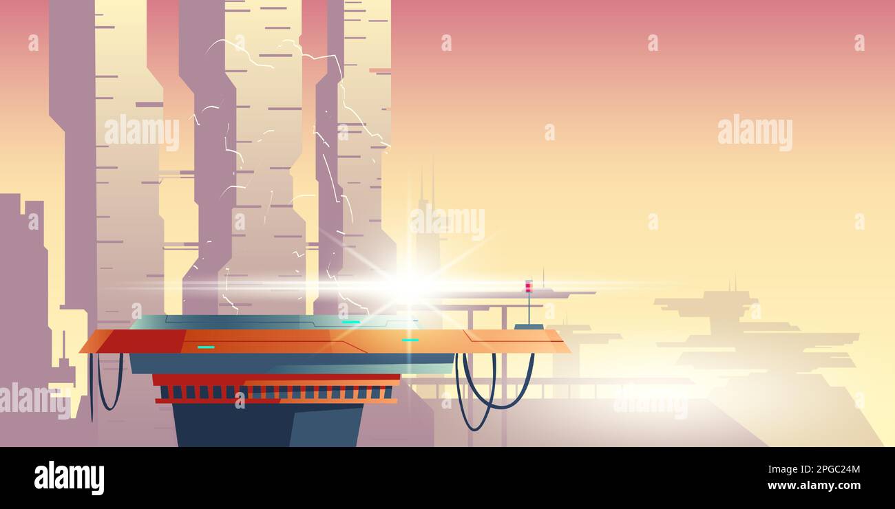 Silhouette of transformer on extendable platform in futuristic city ...