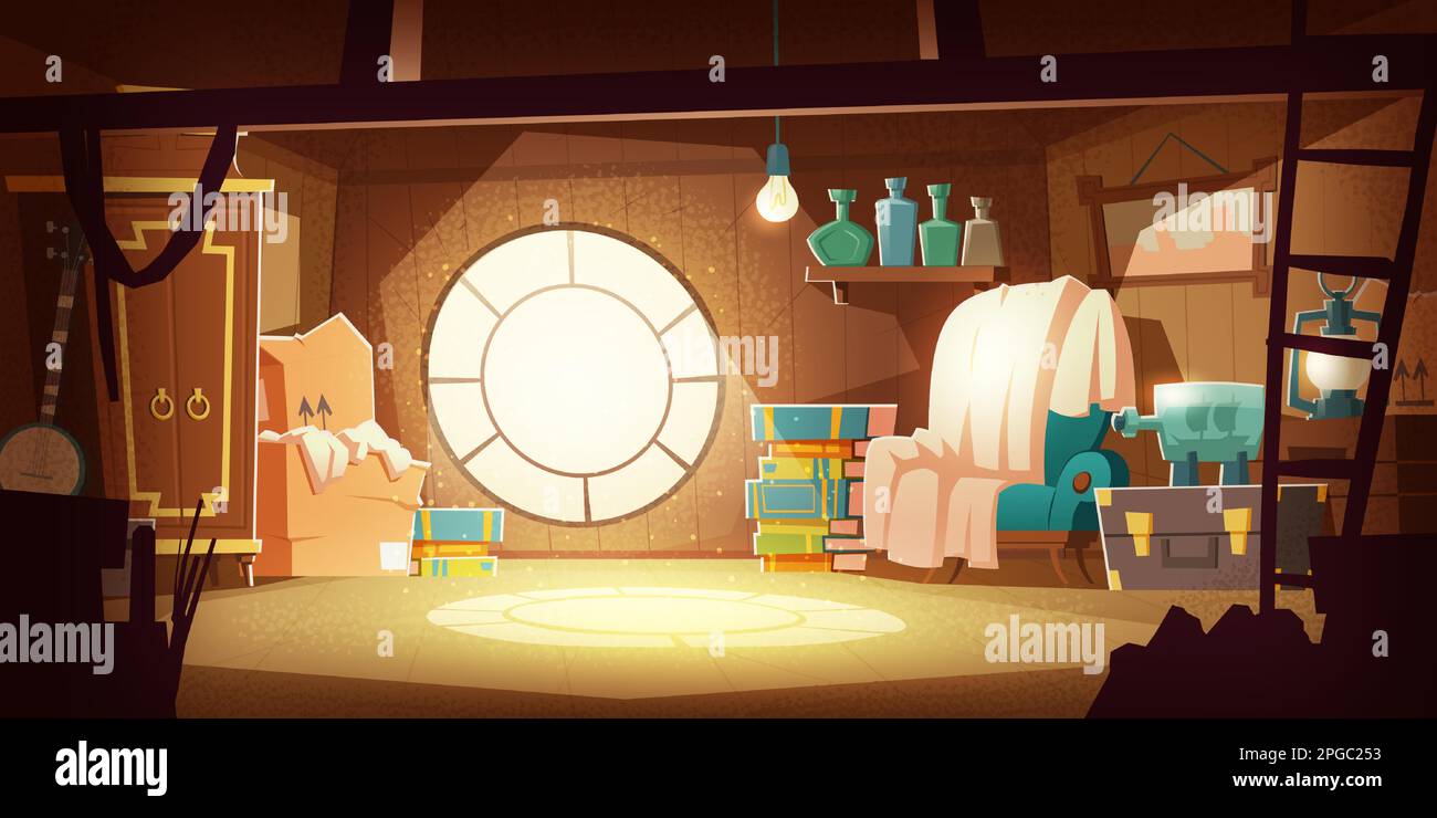 House attic with old furniture, dust flying in air, cartoon vector ...