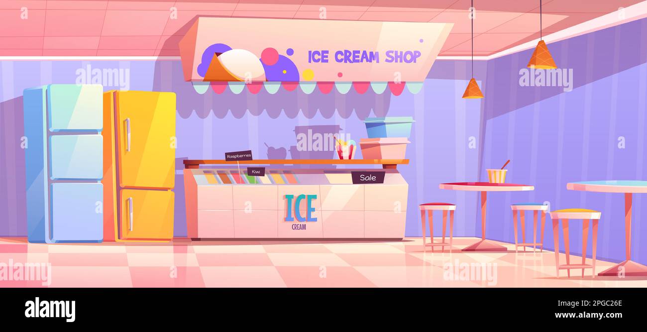 Ice cream shop interior with counter, fridge and tables. Vector cartoon ...