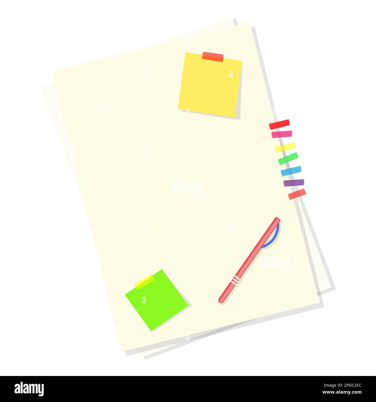 Sheets of white paper, colorful sticky notes and pen. Vector ...