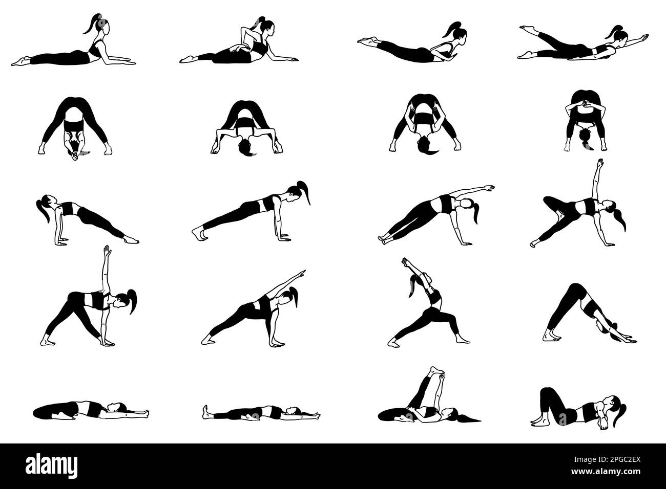 Flexibility yoga poses collection. Black and white. Female, lady, woman ...
