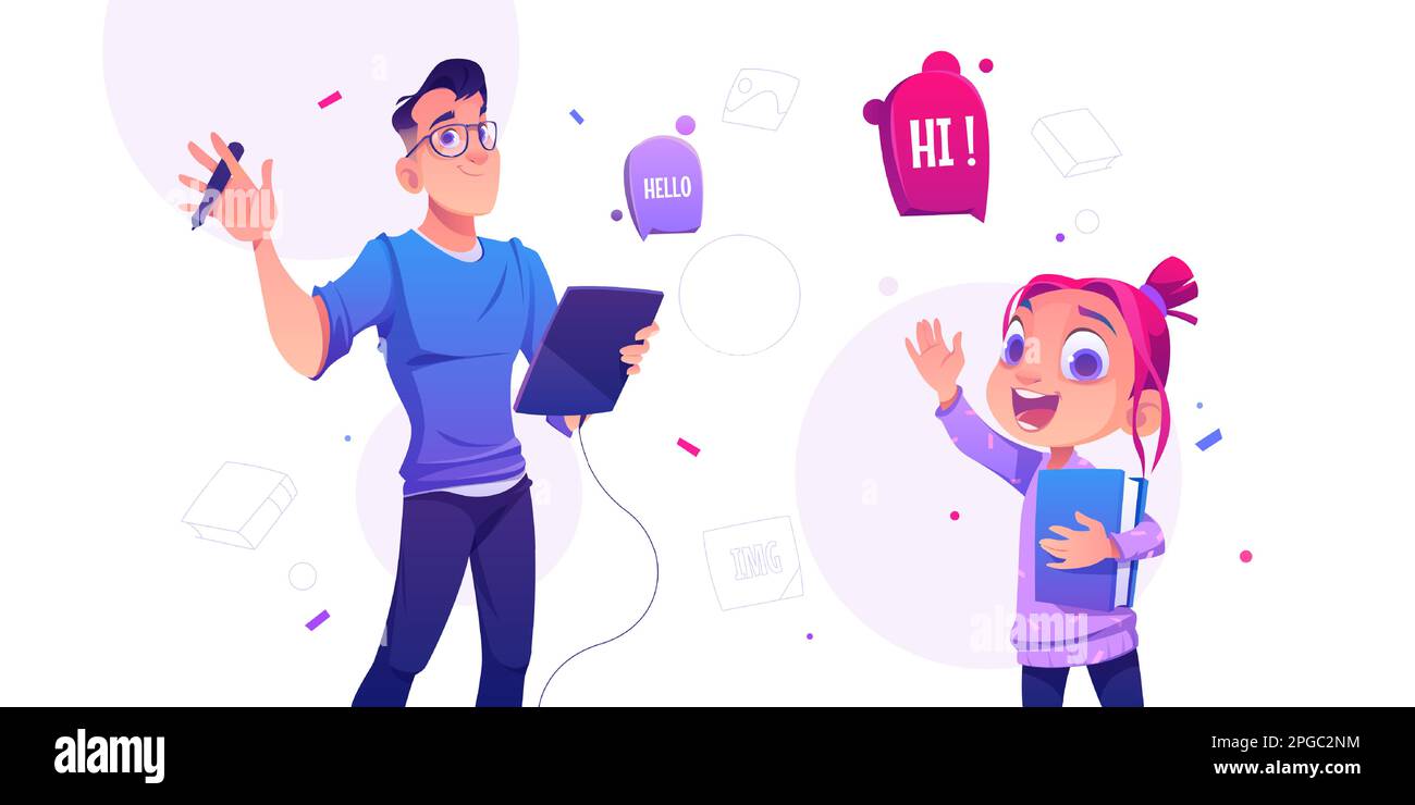 Man illustrator hold tablet and pen and cheerful little girl with book ...