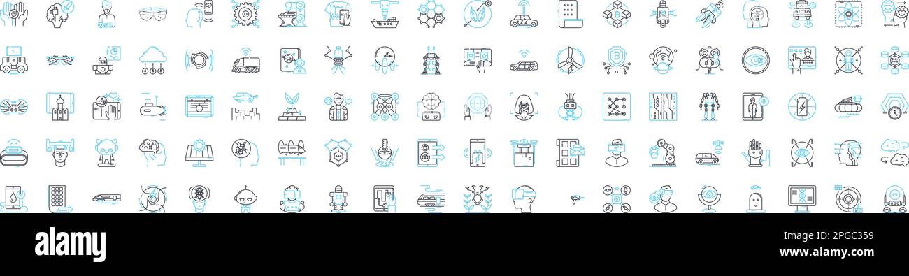 Future technologies vector line icons set. AI, Robotics, BigData, Blockchain, Cybersecurity ...