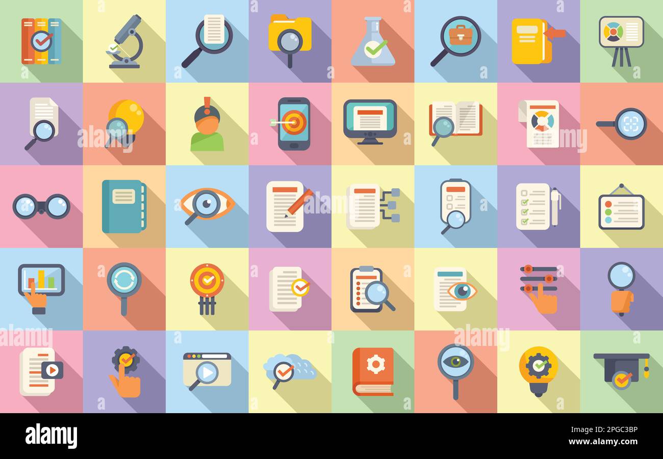 Case study icons set flat vector. Study platform. Study tutorial Stock ...