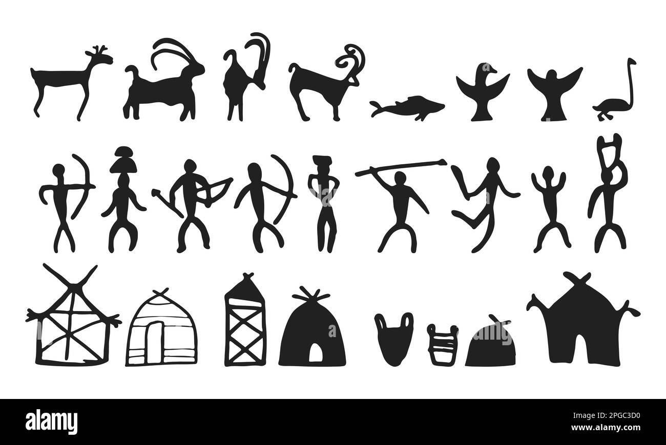 Cave painting prehistoric rock art hand drawn sketch style vector ...