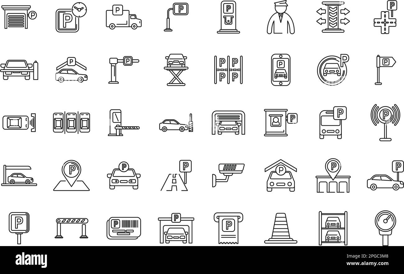 Parking place icons set outline vector. Park garage. Valet truck Stock ...