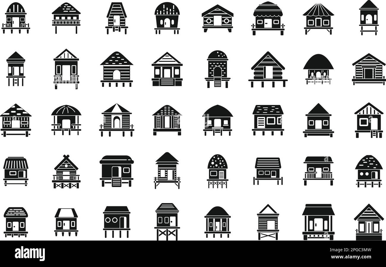 Bungalow icons set simple vector. African cabin. Beach cottage Stock ...