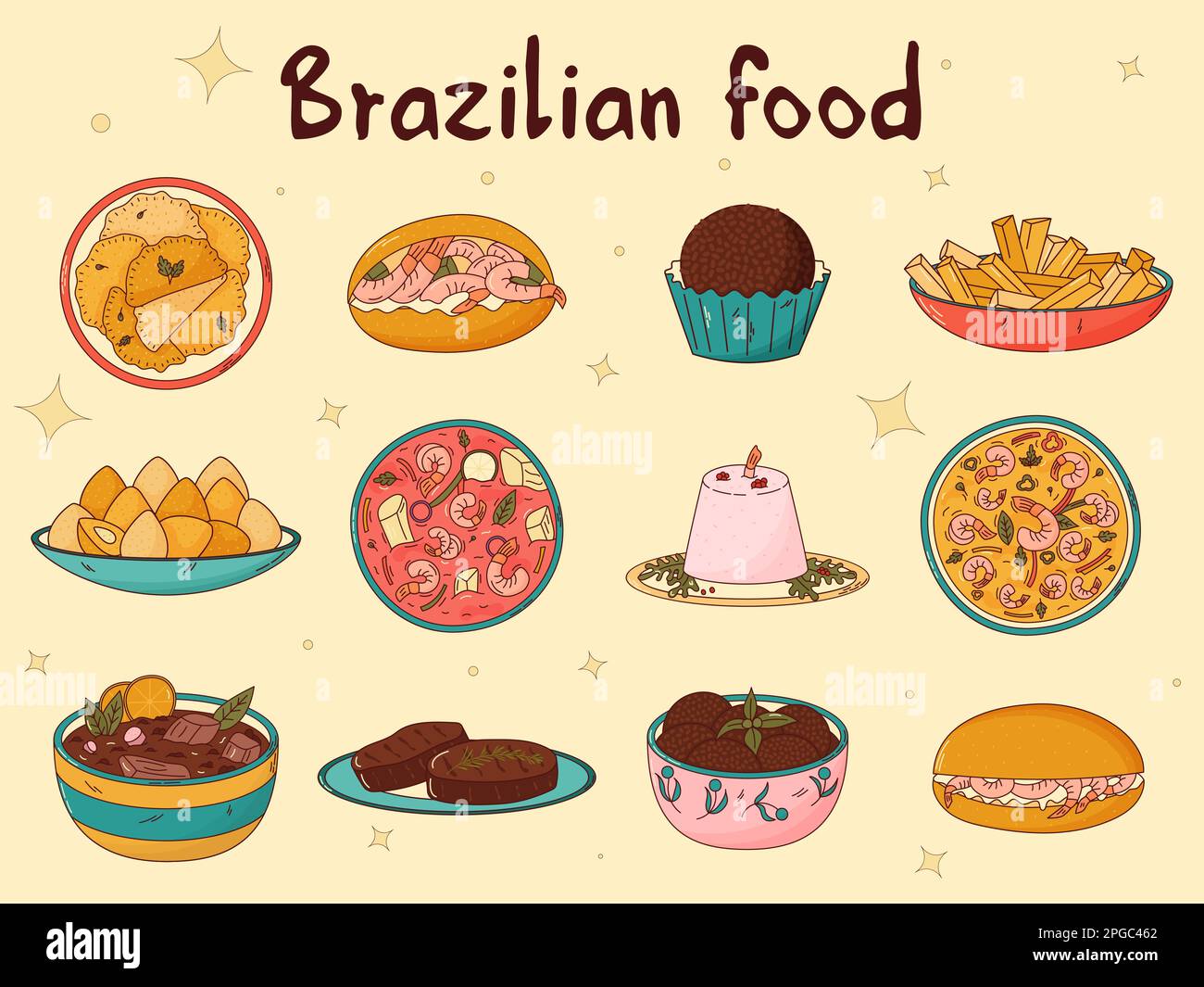 Set of Brazilian traditional food. Vector illustration in hand drawn ...