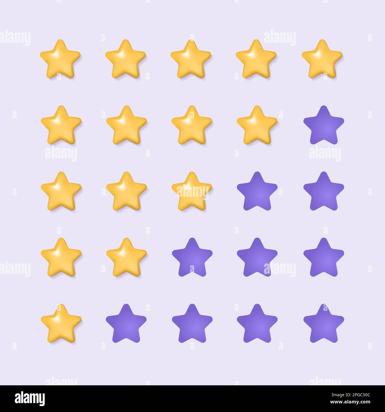 Set of 3d golden stars for low and high rating on purple background ...