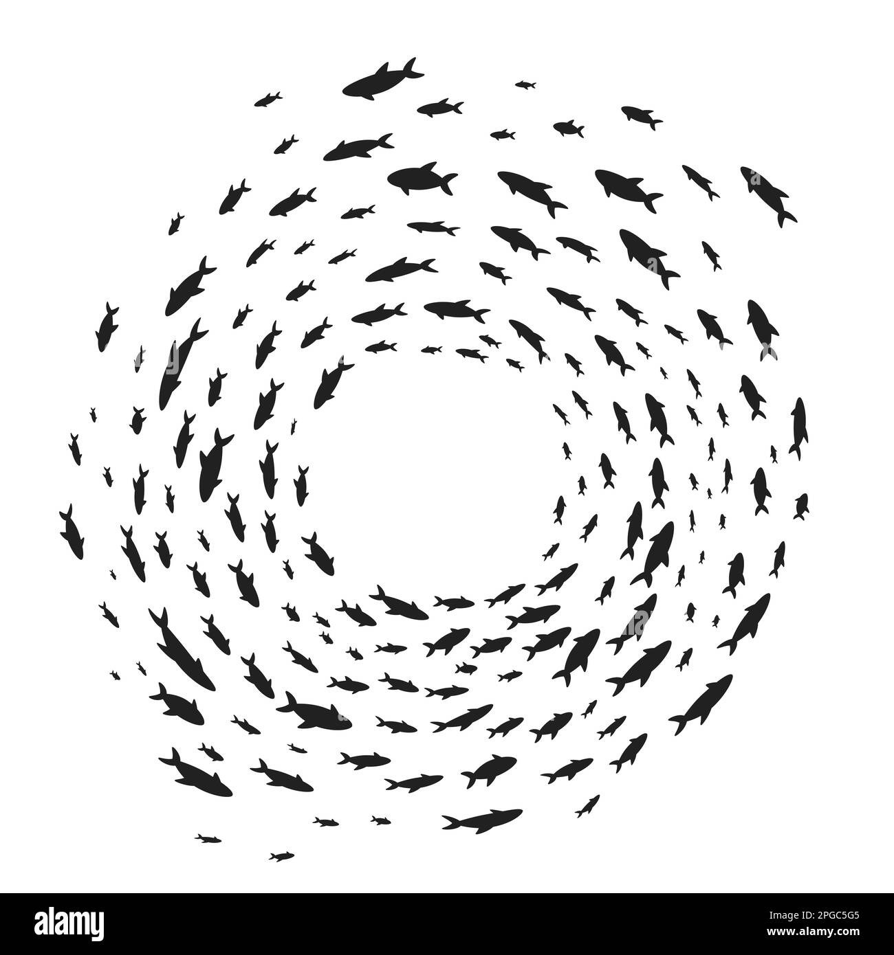 Silhouettes school of fish with marine life of various sizes swimming ...