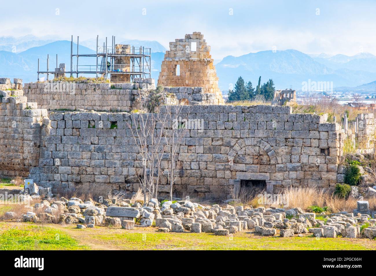 The ruins of the ancient city of Perge. Perge is an ancient Greek city ...