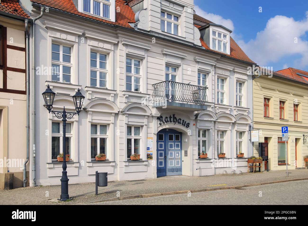 View at the historic town hall in the old town of Beeskow, federal ...