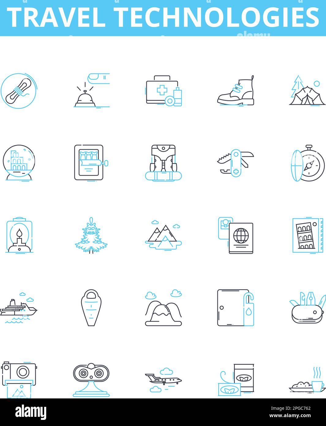 Travel technologies vector line icons set. Mobile, Apps, AI, Voice ...