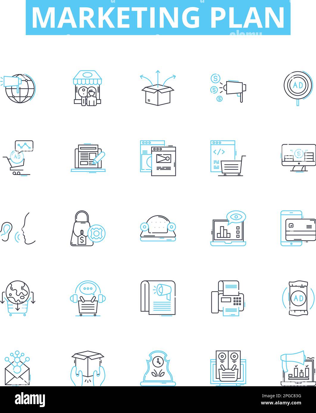 Marketing plan vector line icons set. Strategy, Targeting, Research ...