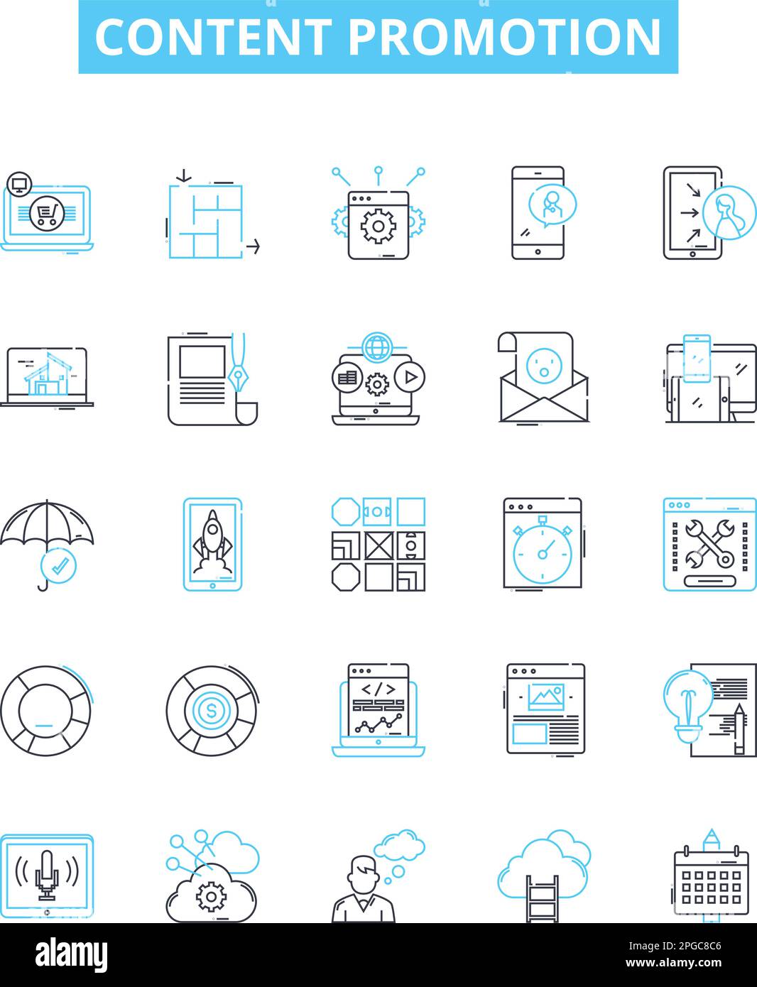 Content promotion vector line icons set. Marketing, Advertising ...