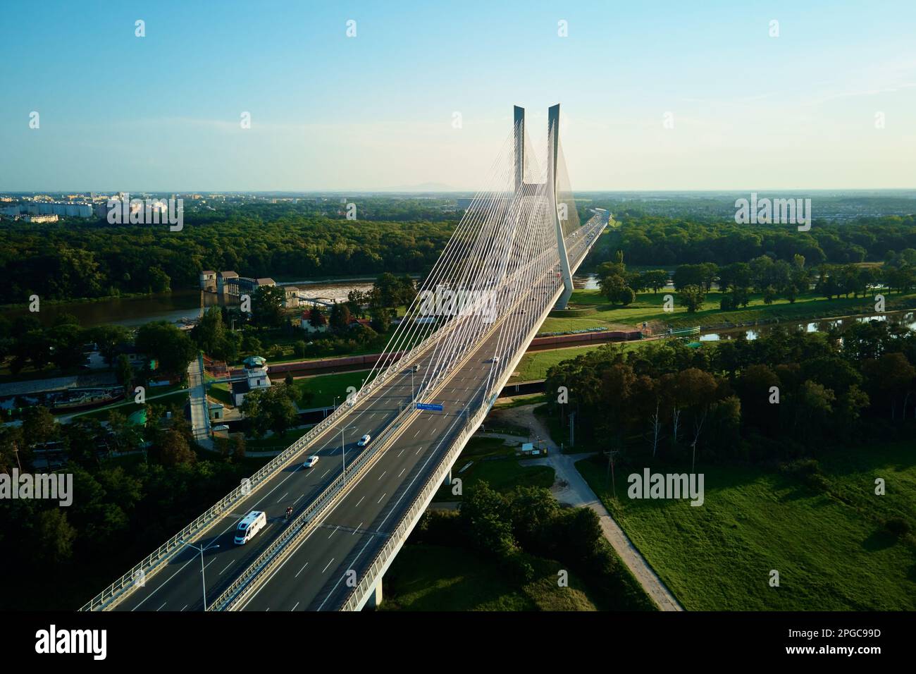 Aerial drone view of Redzinski bridge over Odra river in Wroclaw city ...