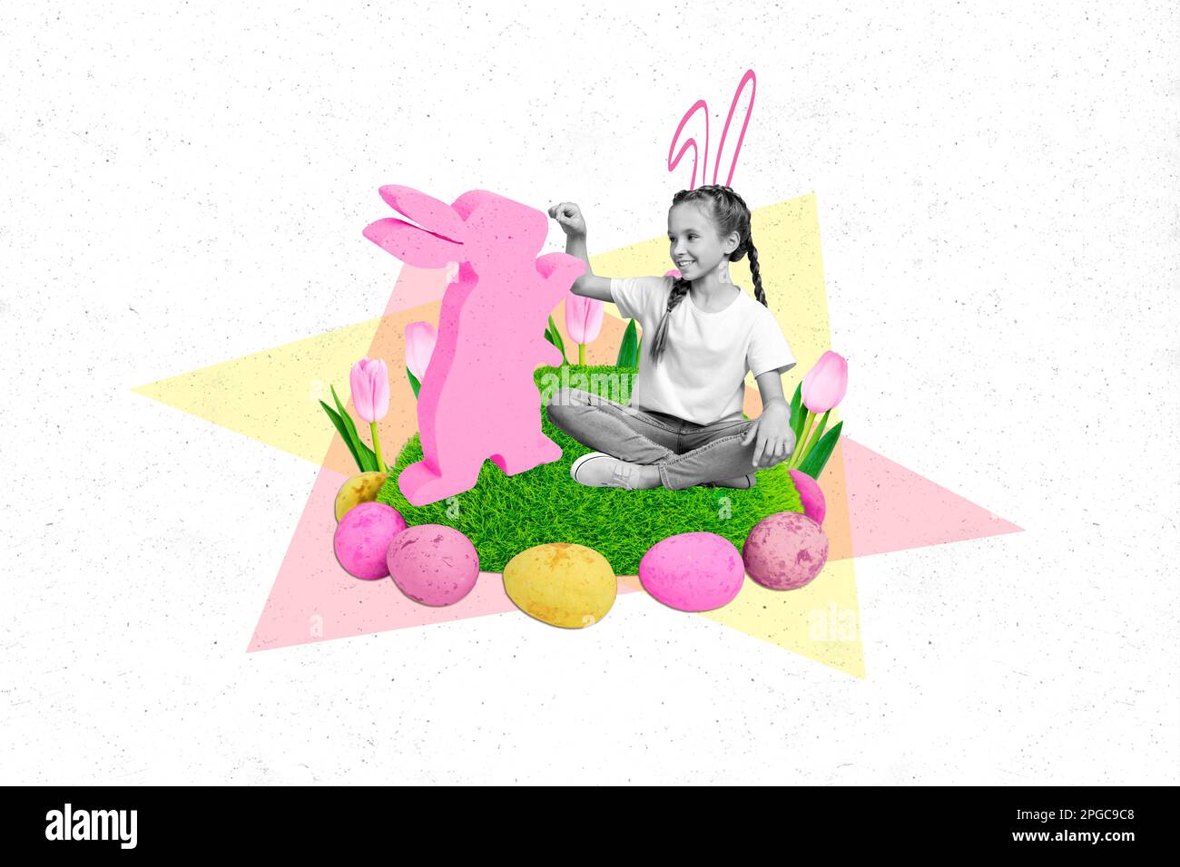 Composite photo collage of small cute girl playing with toy rabbit on ...