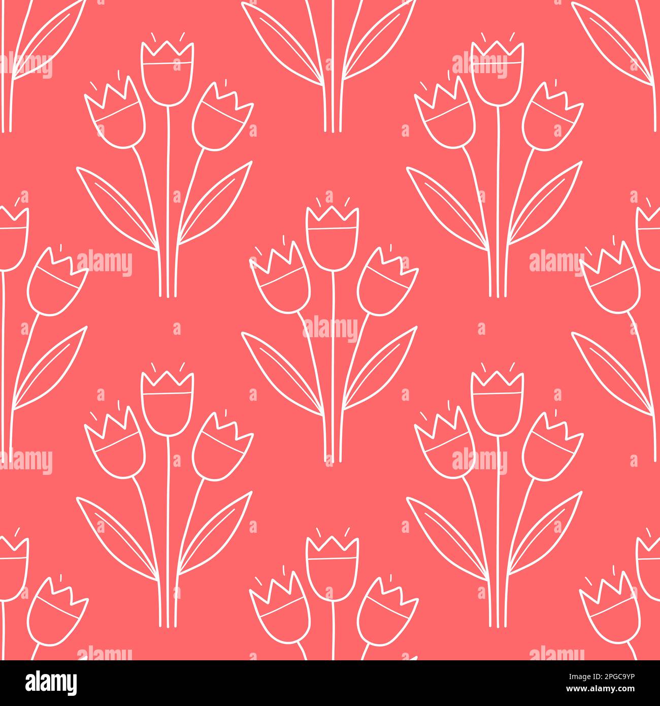 Tulip spring seamless pattern vector doodle illustration. Flower floral background with outline ...