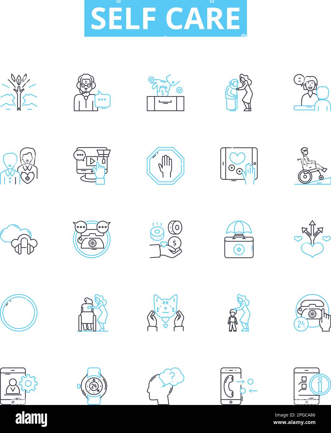 Self Care vector line icons set. Wellness, Hygiene, Exercise ...