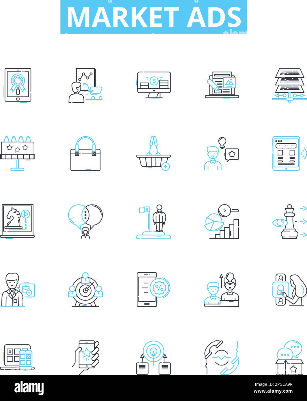 Market ads vector line icons set. Advertising, Markets, Promotions ...