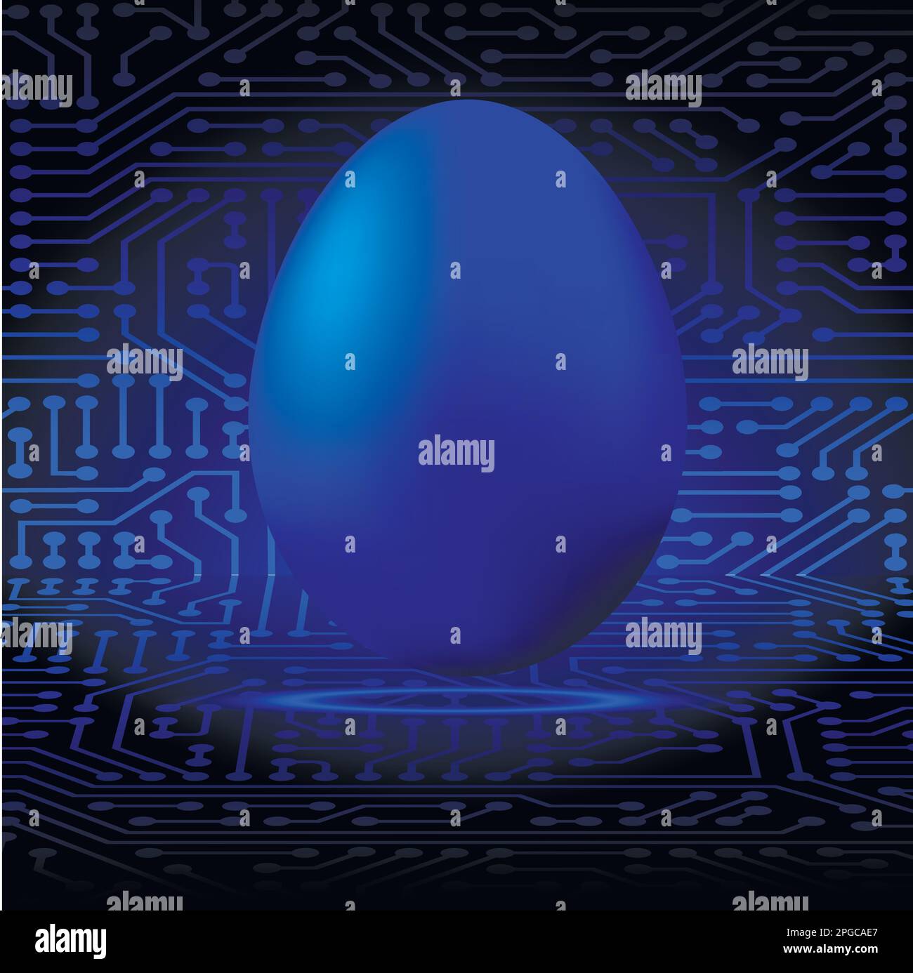 Happy easter. Blue luminous egg on the background of a circuit board ...