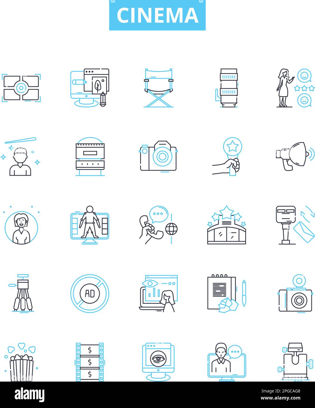 Cinema vector line icons set. Movie, theatre, film, projection, celluloid, digital, reel ...