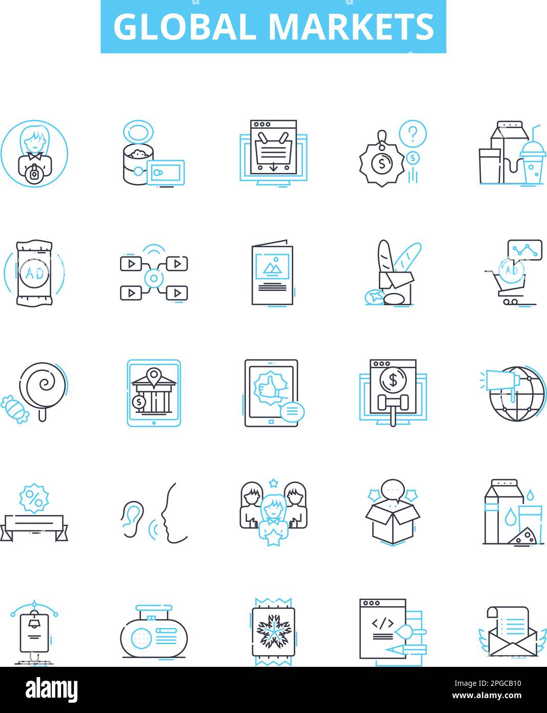 Global markets vector line icons set. Markets, Global, Trade, Exchange, Stock, Currency ...