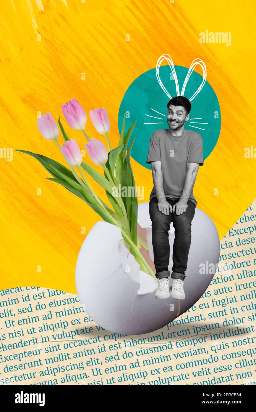 Vertical artwork collage of young funny guy sitting big broken eggshell ...