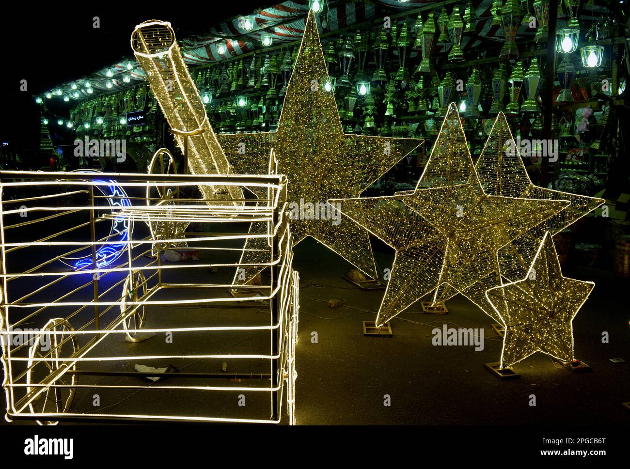 Cairo, Egypt, March 20 2023: festive decorations of Islamic Ramadan fasting month in Egyptian ...