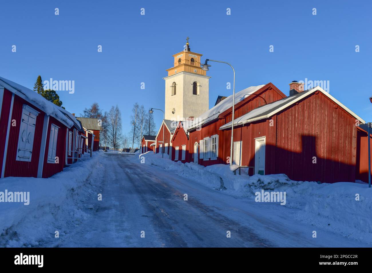 Rows with red huts in Gammelstad church town located near the Swedish ...