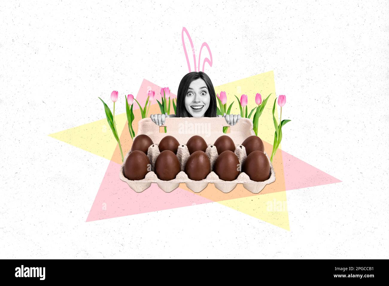 Minimal collage photo of young cute girl hide behind huge box chocolate ...