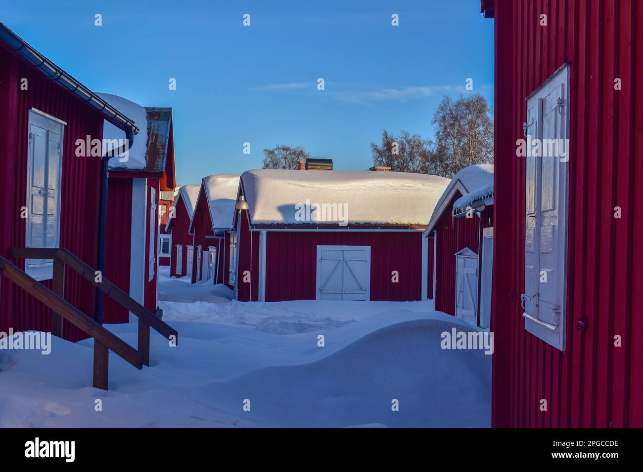 Rows with red huts in Gammelstad church town located near the Swedish ...