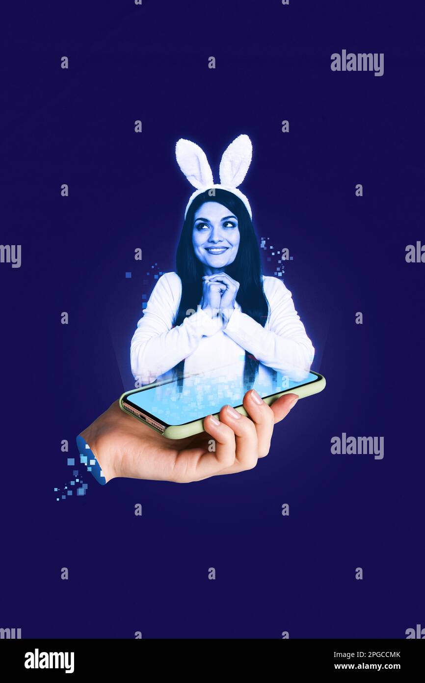 Composite promo collage young virtual assistant girl wear bunny ...