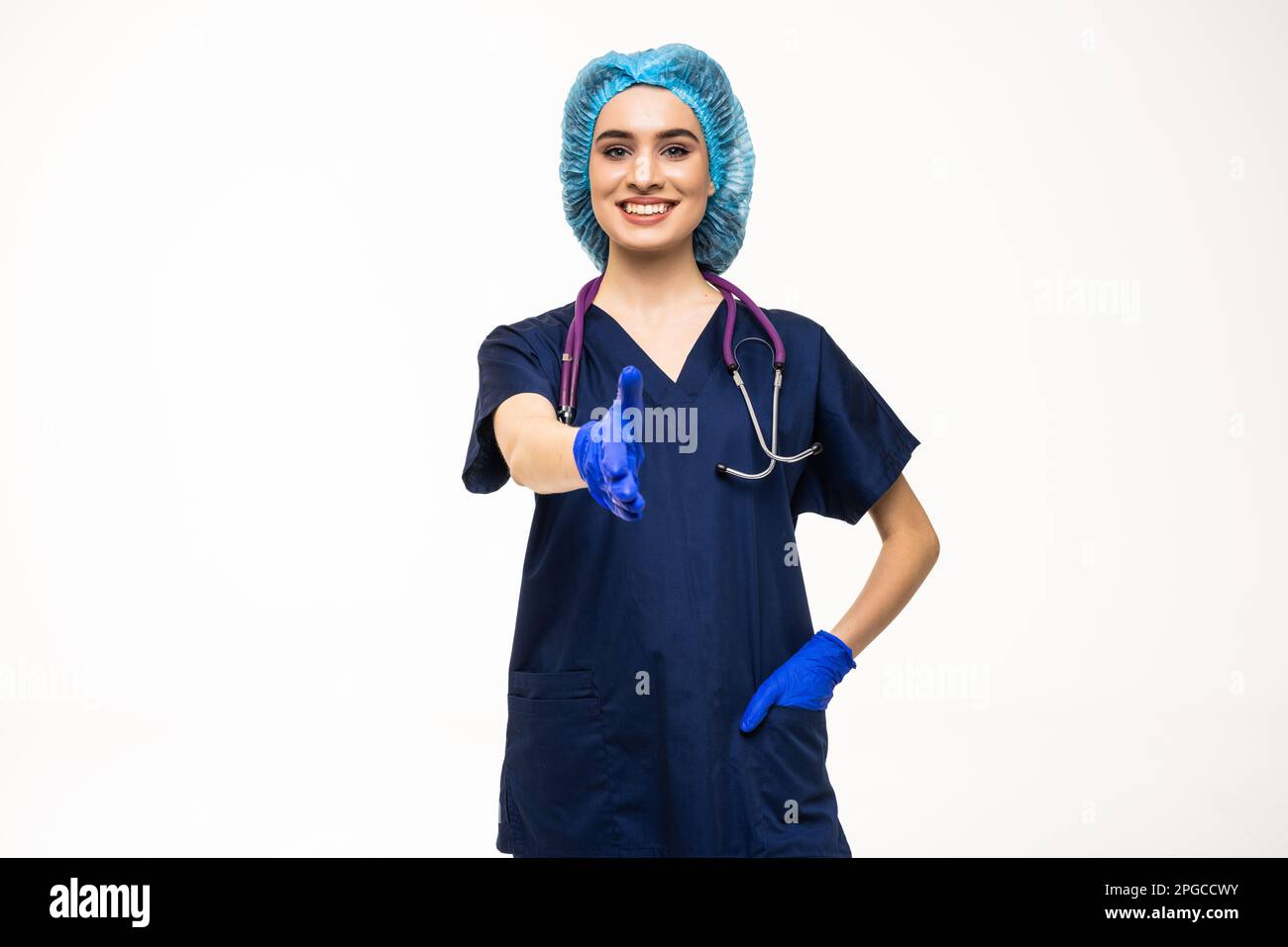 friendly medical doctor woman stretching hand for handshake. isolated ...