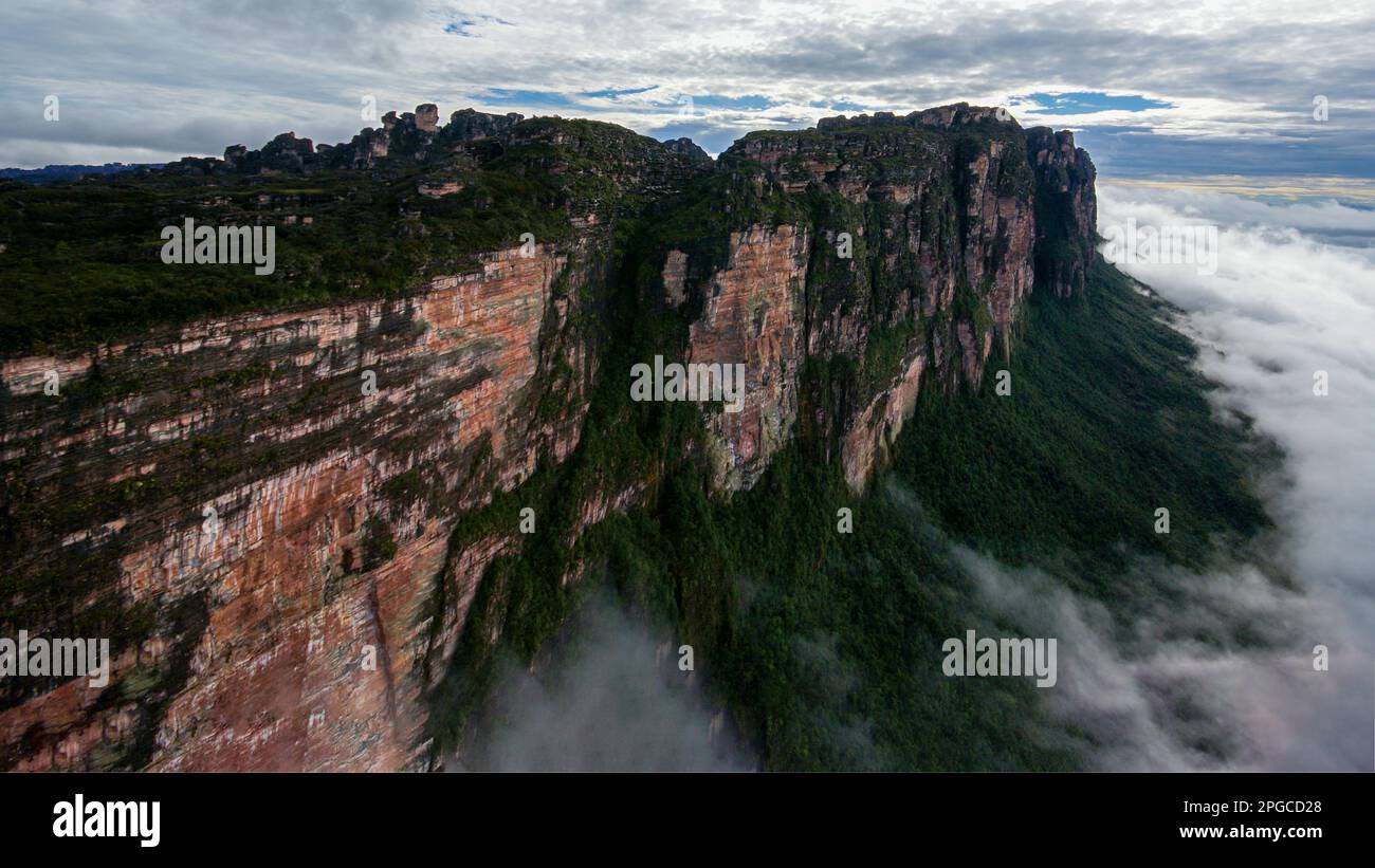 Towering sandstone rock cliffs of Auyan Tepui in the morning light with ...