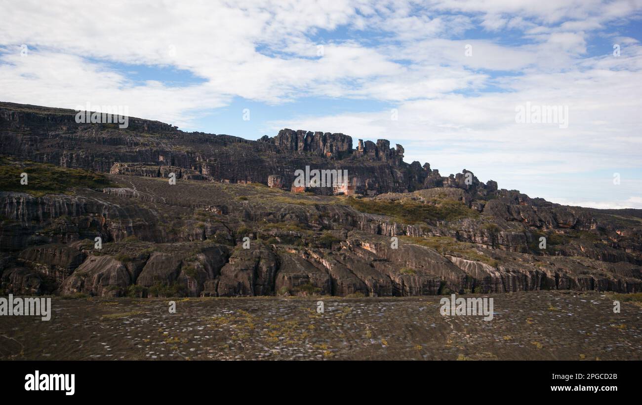 Rugged sandstone rocks on the plateau of Auyan tepui, a famous table ...
