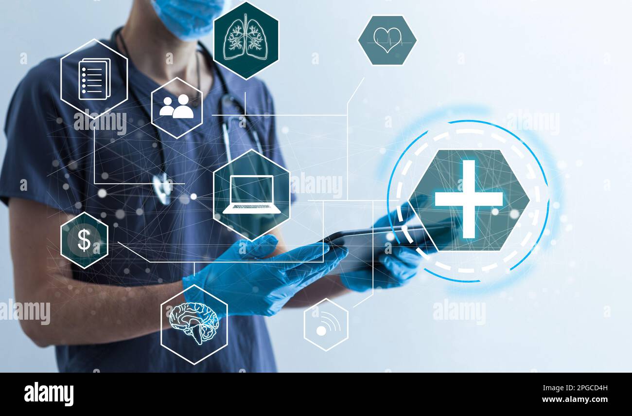 Medicine doctor touching icon medical network connection with modern ...